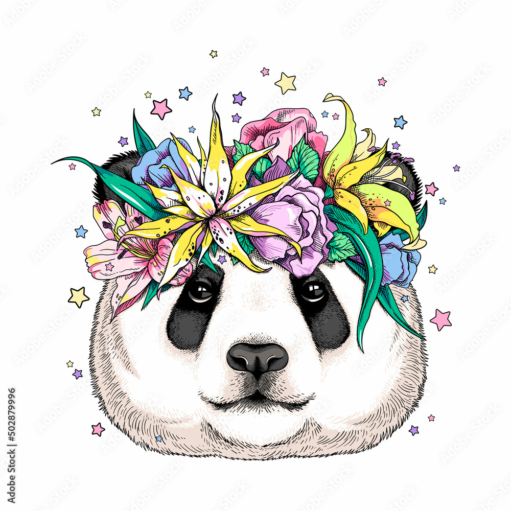 Cute big panda in flower wreath. Wild animal with an exotic flower ...