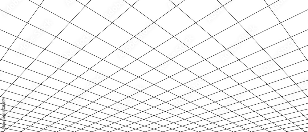 3D digital white and black two points perspective grid wireframe. Empty ...