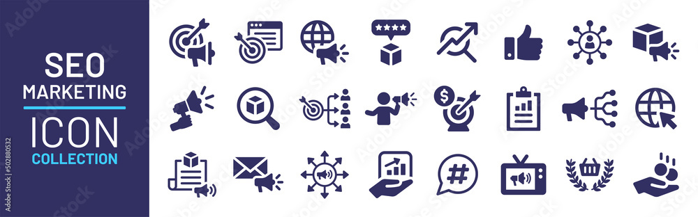 SEO marketing banner. Search Engine Optimization icon collection vector ...