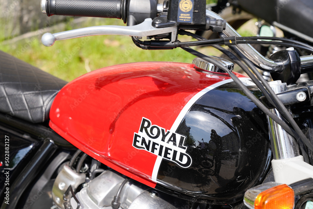 Royal Enfield logo brand and text sign on Indian motorbike fuel tank of ...