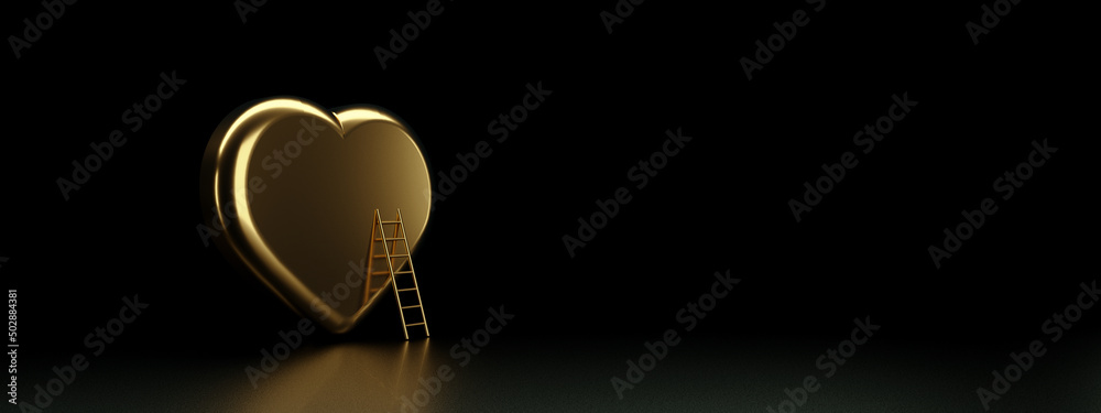Ladder leading to a golden heart, symbol of love and stair over black ...