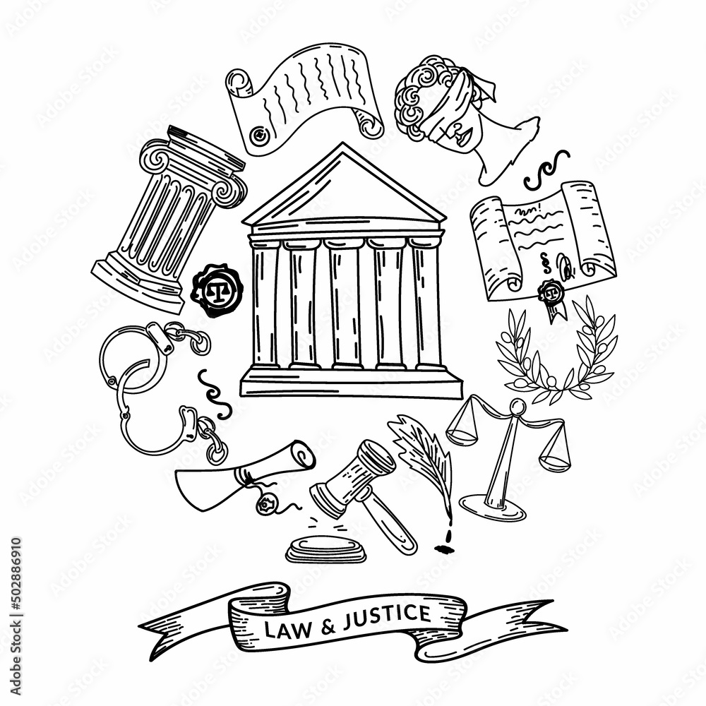 A set of law and justice symbols, a hand-drawn sketch-style doodle ...