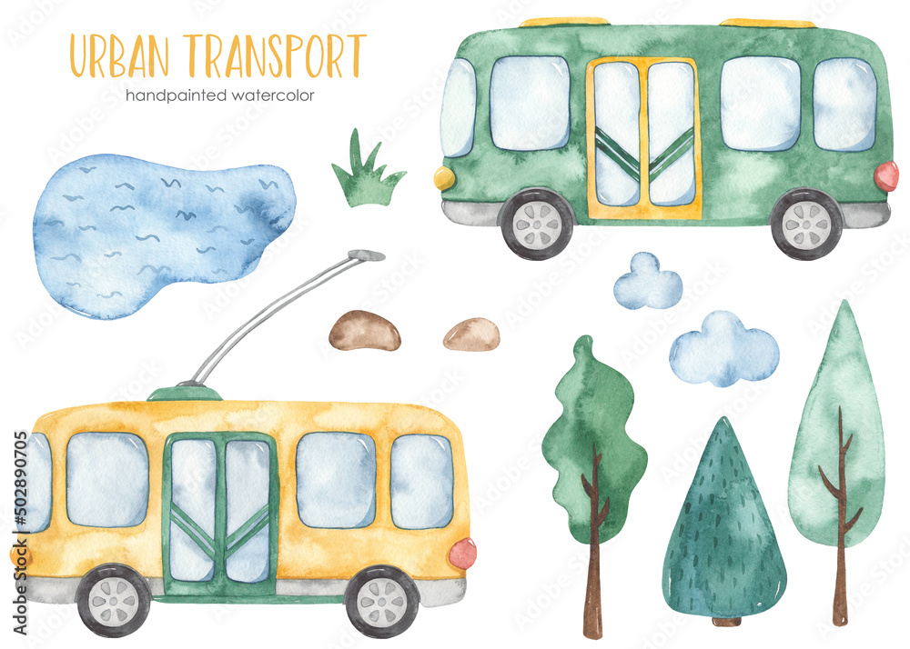 City transport in watercolor with bus and trolleybus, lake, trees ...