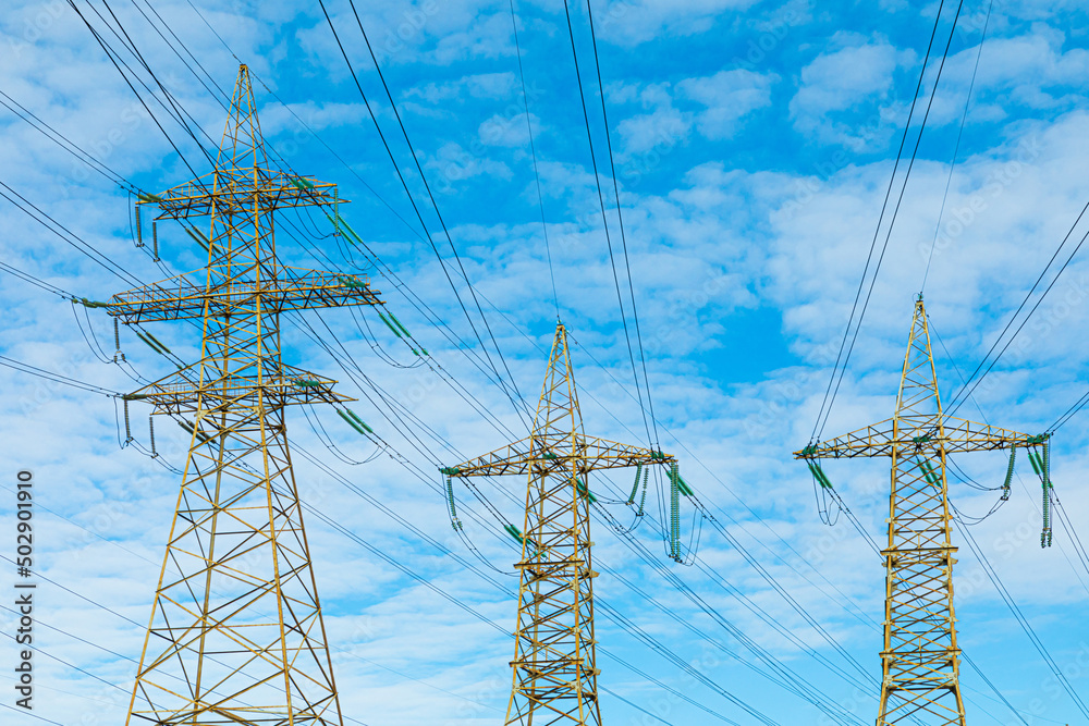 Background, view or scene of steel towers of electric main or ...