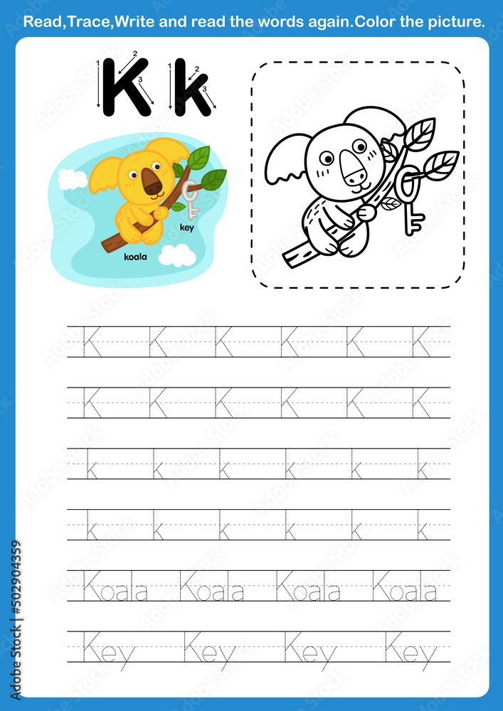 Alphabet Letter K with cartoon vocabulary for coloring book ...