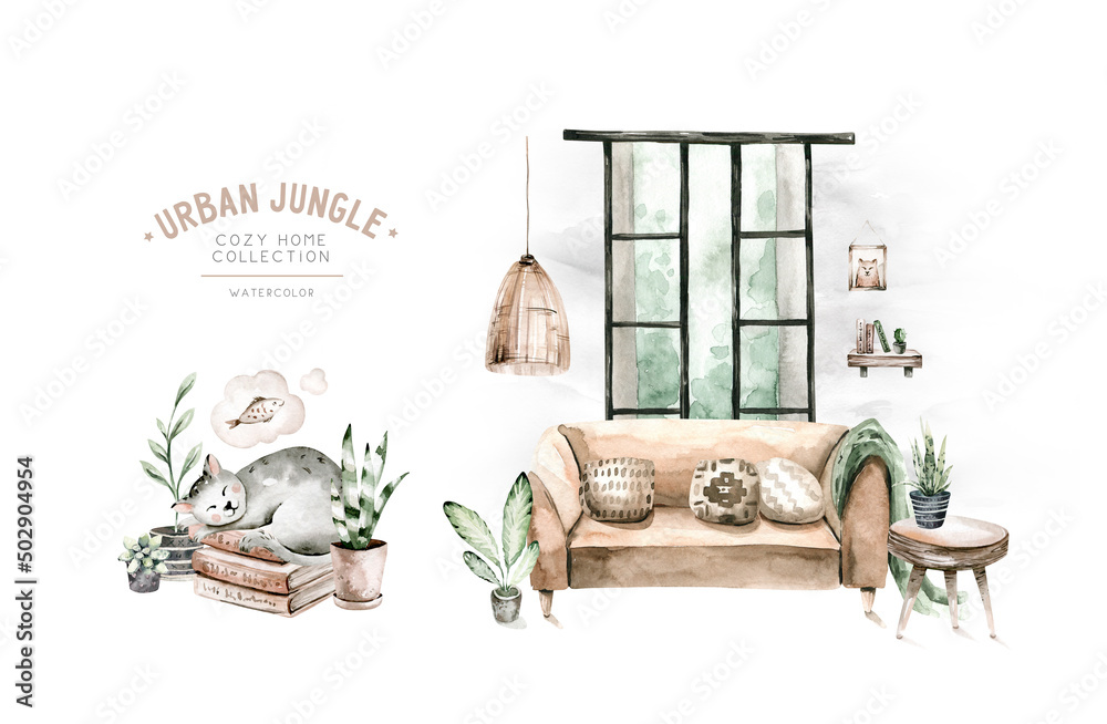 Watercolor trendy interior bohemian background with mid century modern ...
