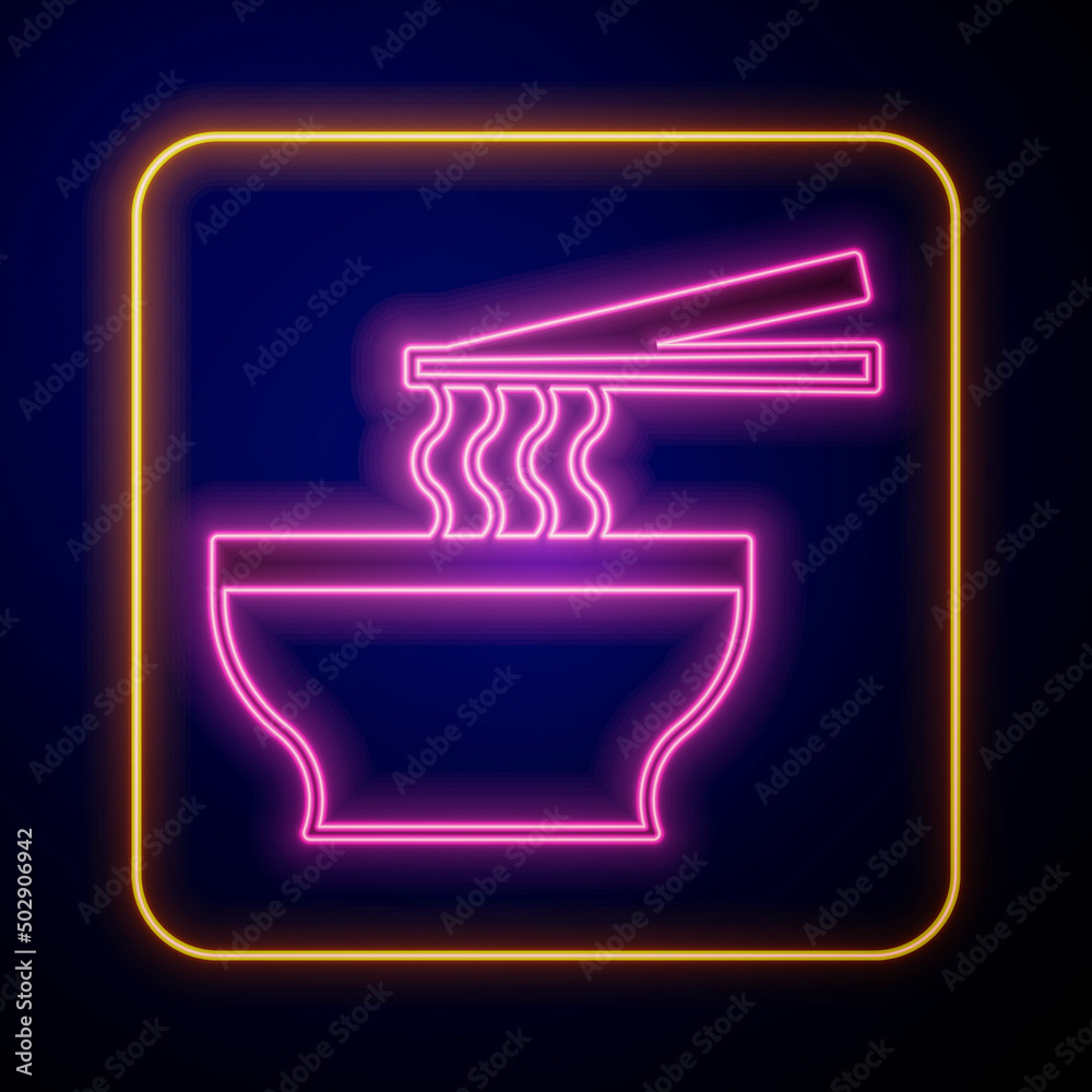 Glowing neon Asian noodles in bowl and chopsticks icon isolated on ...