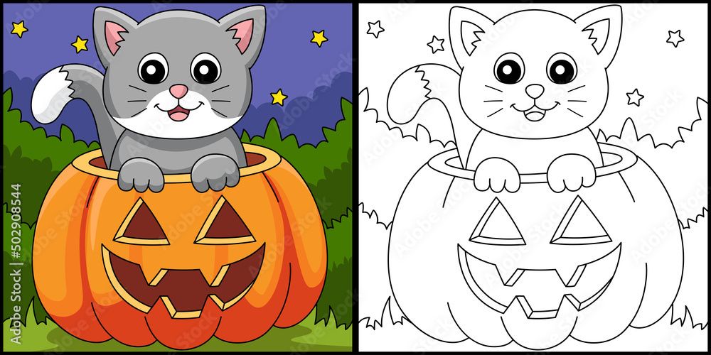 Pumpkin Cat Halloween Coloring Page Illustration Stock Vector | Adobe Stock