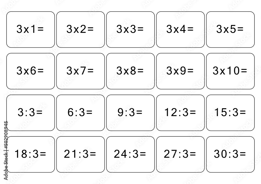 Multiplication and division table of 3. Maths card with an example ...