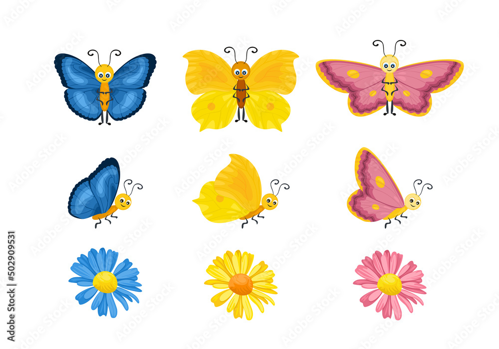 Cartoon cute butterfly set. Pink, yellow and blue butterflies and ...