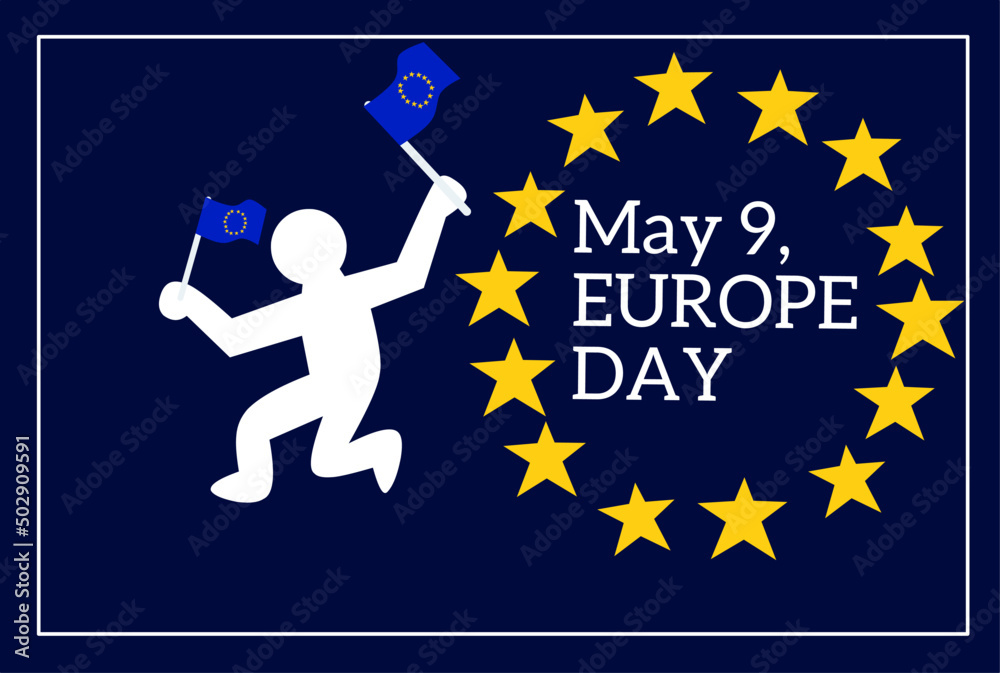 Europe flag with confetti. Happy stickman or stick figure man. Europe ...