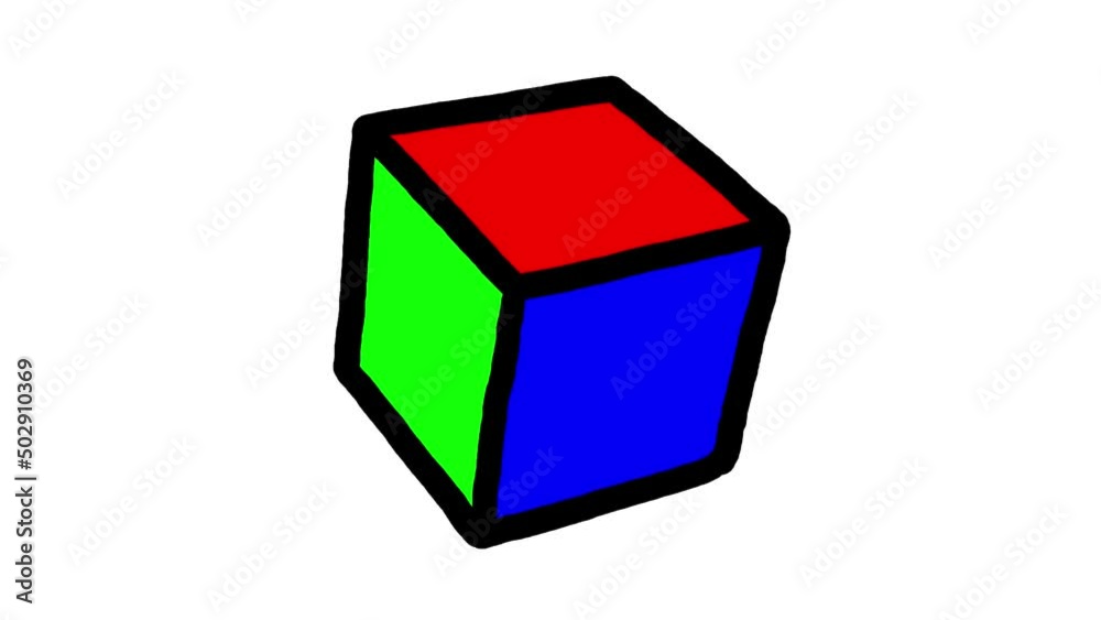 Cube cartoon 3d RGB color with linear doodle black outline animation ...