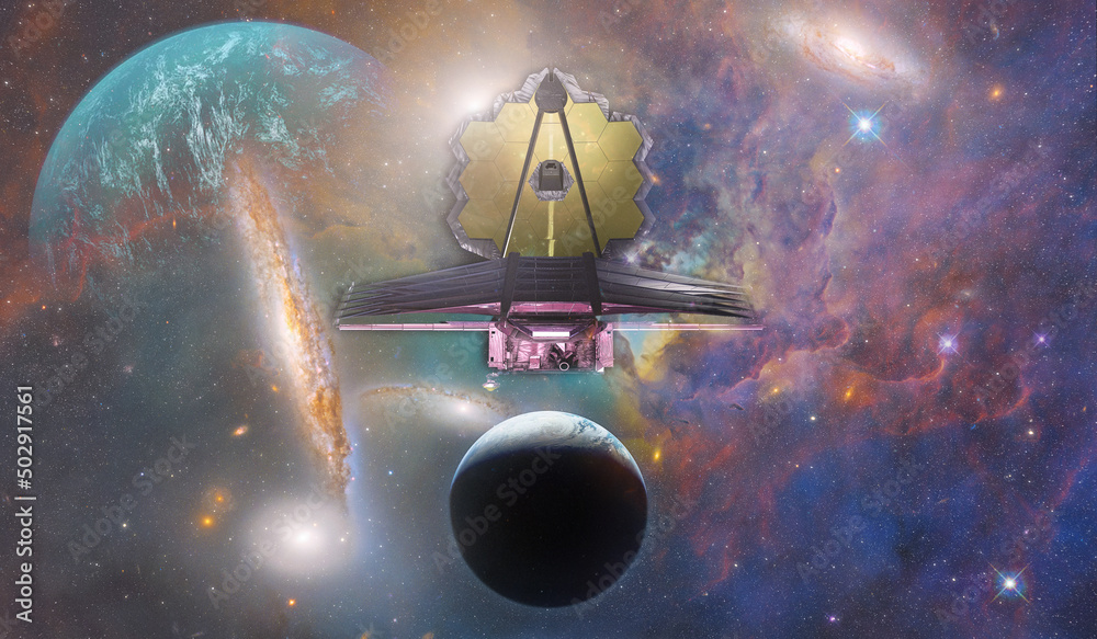 Telescope James Webb in outer space on the orbit of Earth, galaxies and ...
