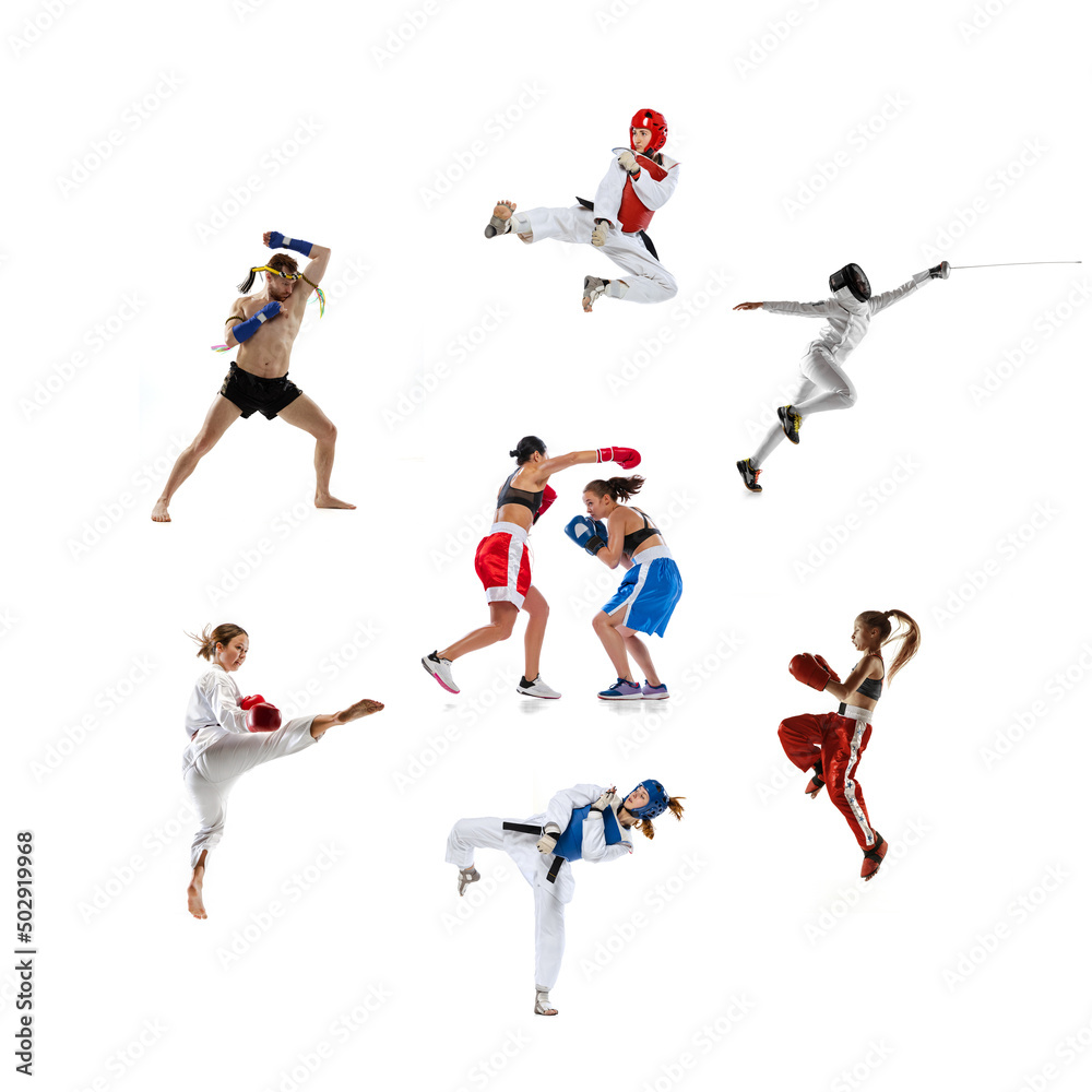 Collage made of portraits of male and female sportsmen. MMA fighter ...