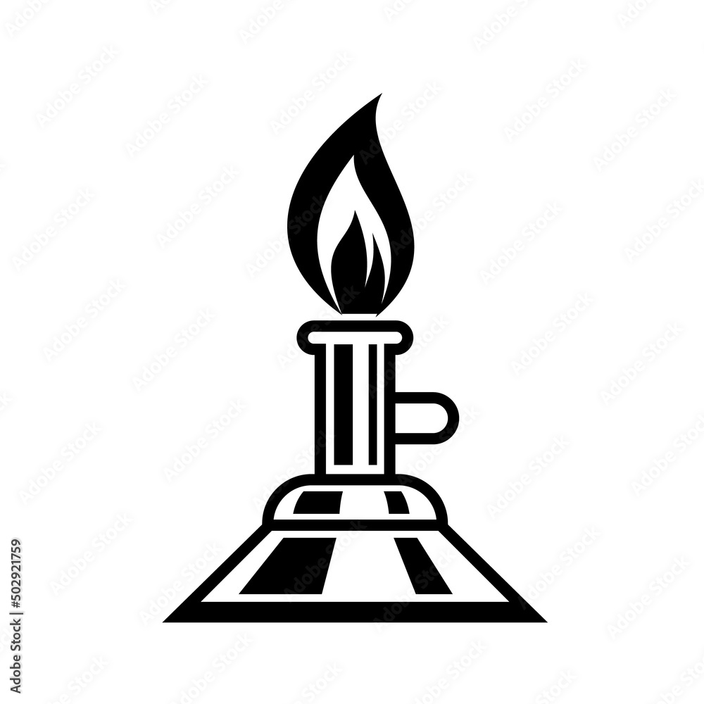 Chemical equipment. Alcohol spirit burner and Bunsen burner with flames ...