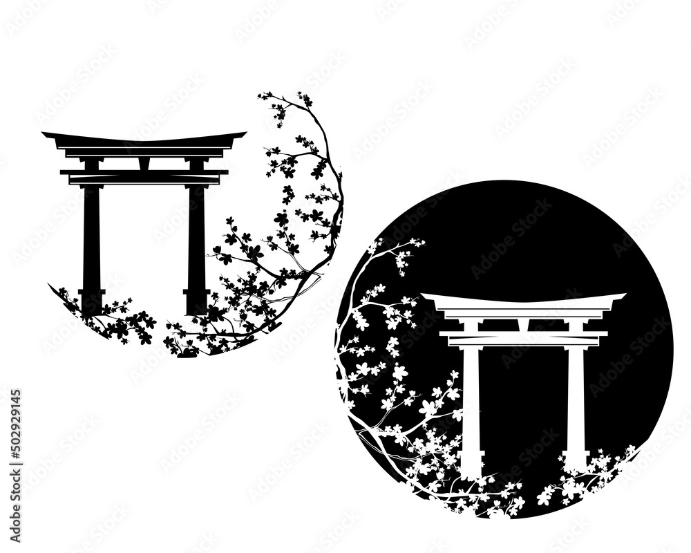 japanese shinto temple torii gate entrance among sakura blossom ...