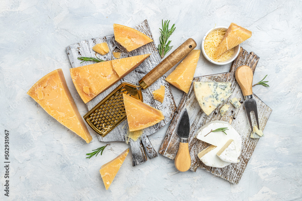 Parmesan. Cheeses set dor blu chedar camamber brie. Different types of ...