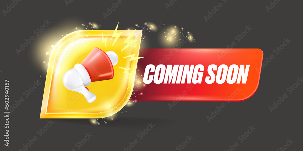 Coming soon horizontal banner with megaphone and button on grey modern ...