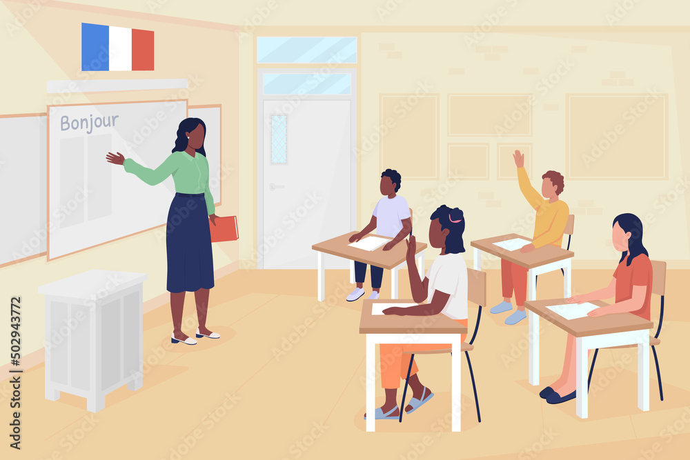 French language lesson flat color vector illustration. Foreign language ...