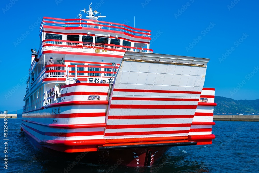Takamatsu port in Kagawa prefecture in Japan, 5th May 2022, This ferry ...