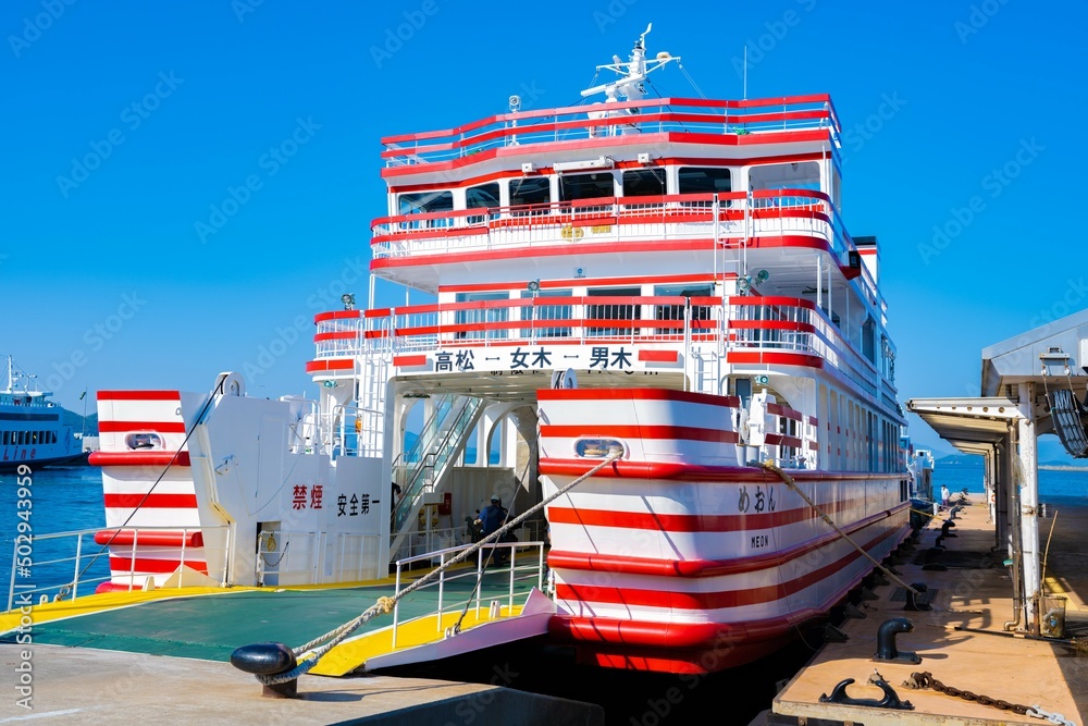 Takamatsu port in Kagawa prefecture in Japan, 5th May 2022, This ferry ...