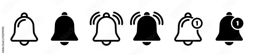 Notification bell icon. Alarm symbol. Notice message. Set of ringing ...
