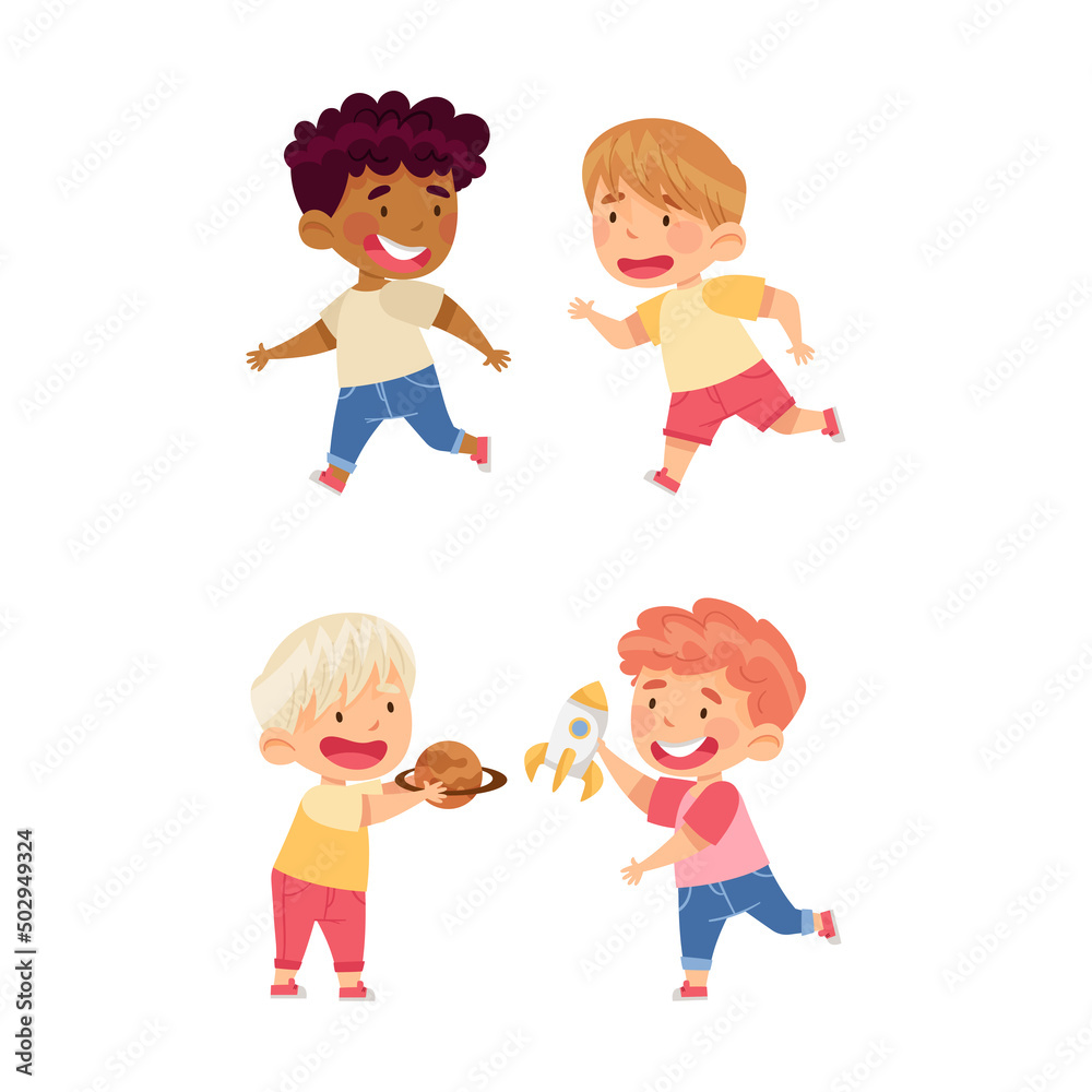 Kids playing catch up and building with toy blocks. Education and ...