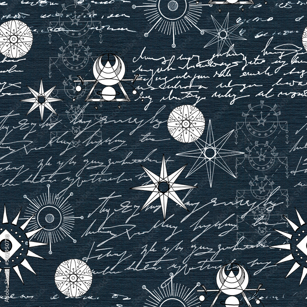 Seamless pattern with fantasy mystic symbols, hand writing letters and ...