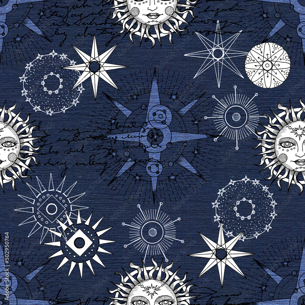 Seamless pattern with fantasy mystic symbols, hand writing letters and ...