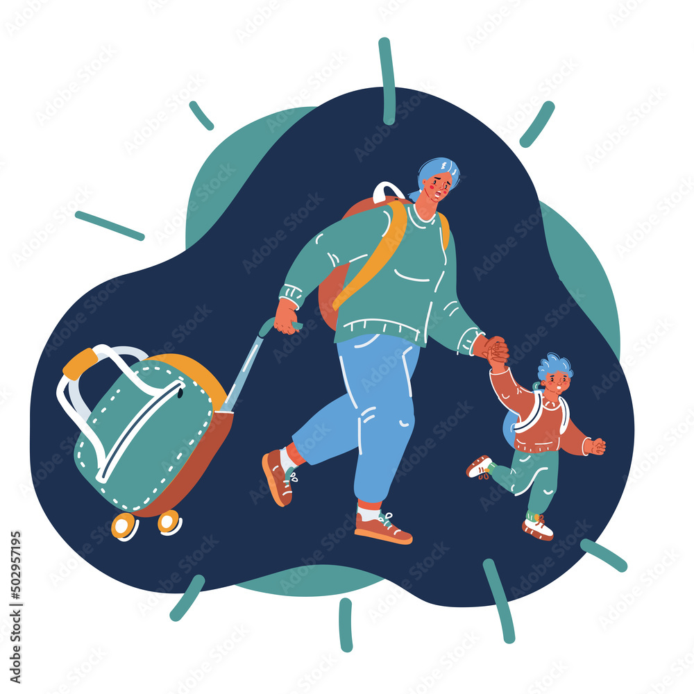 Cartoon vector illustration of child with mother run as refugees ...