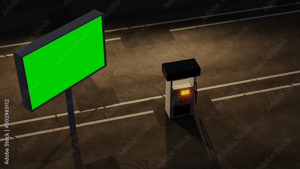 gas station and street sign with green screen. 3d rendering gas pump ...