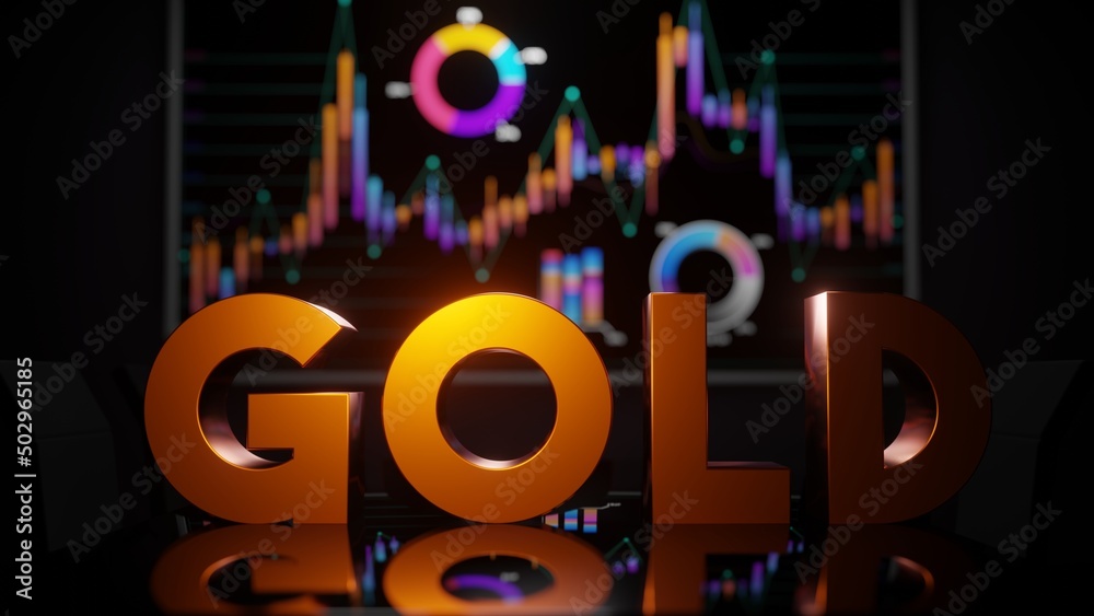 Gold word on boardroom table and stock market charts on wall tv screen ...