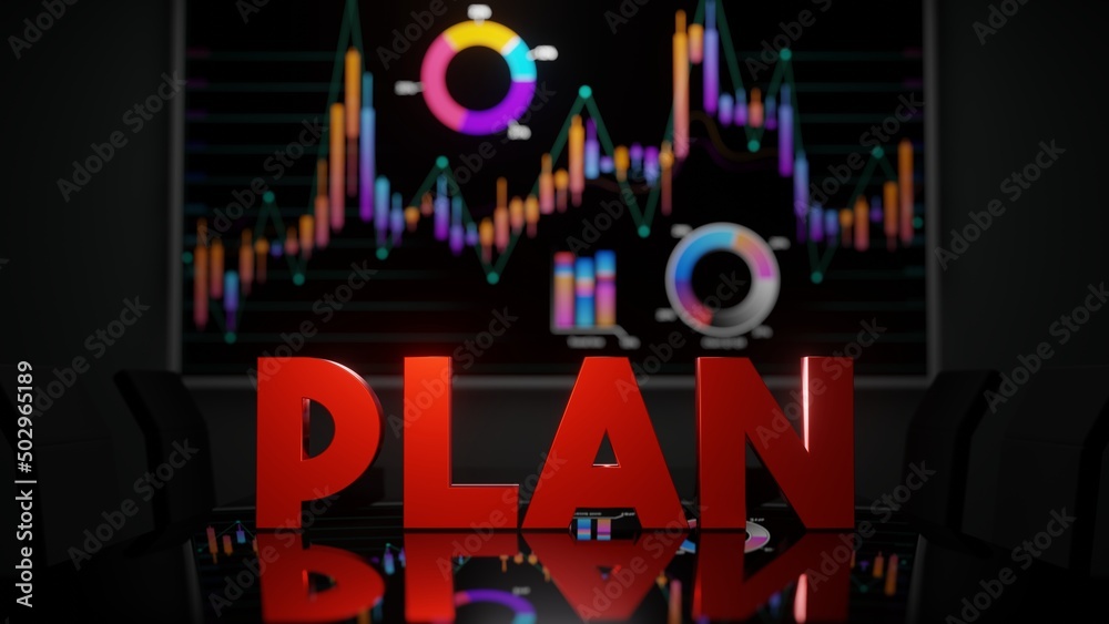 Business plan - 3D plan word on boardroom table and stock market charts ...