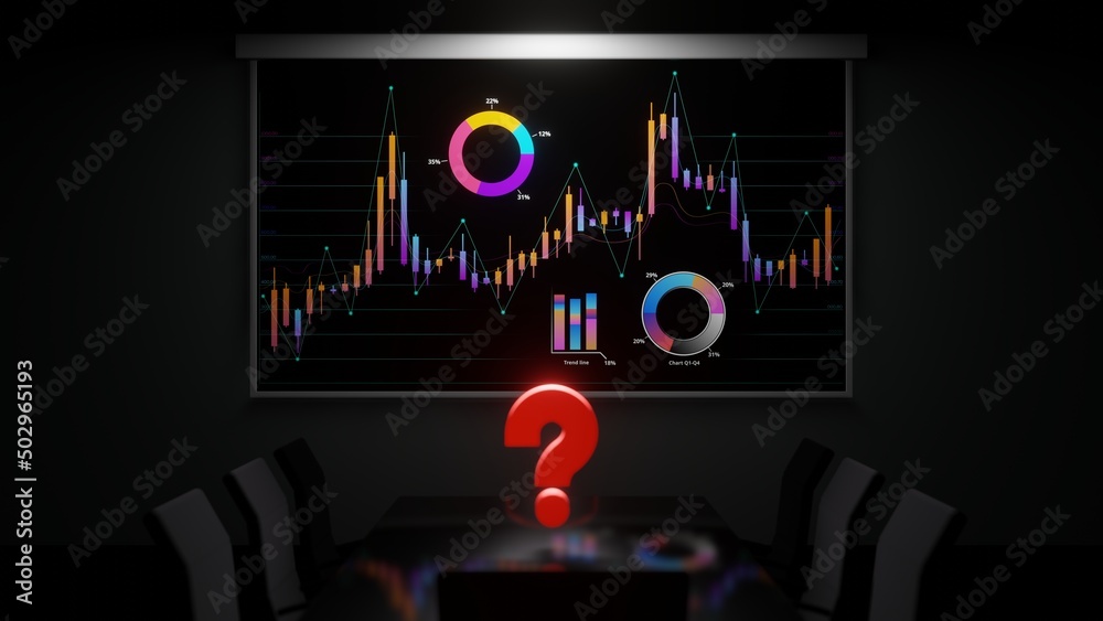 3D question mark on meeting room table with stock market related charts ...