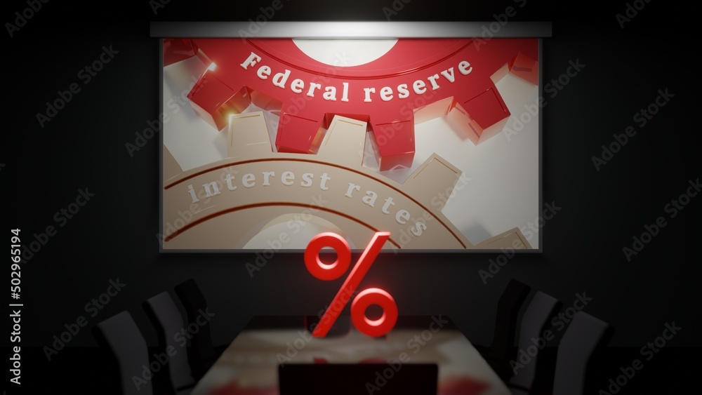 3D Percent sign on boardroom table and federal reserve - interest rates ...
