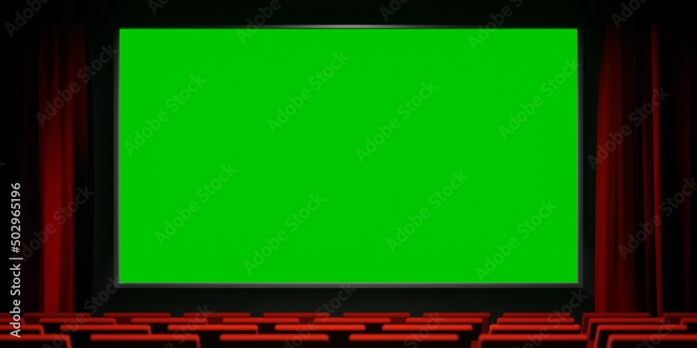 Movie theater with green screen and red velvet curtains and bench. 3D ...