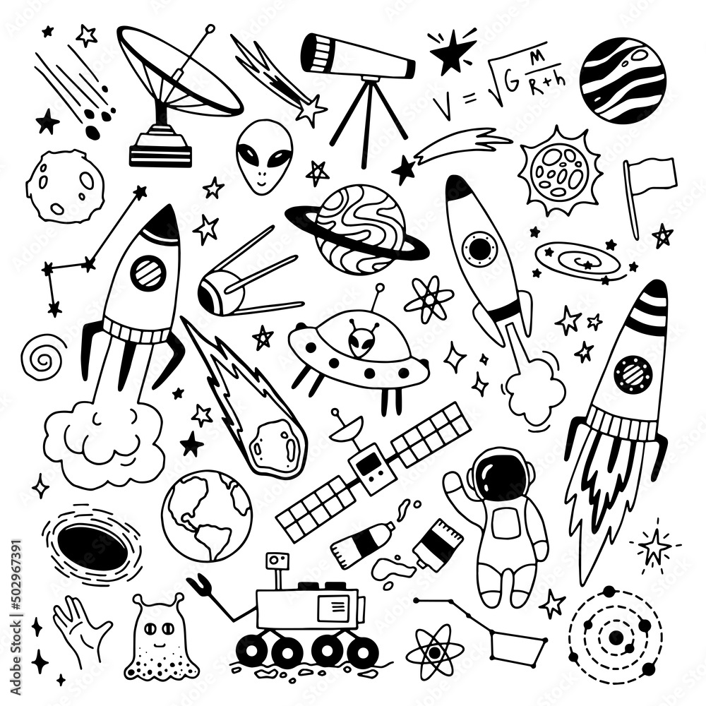 Vector set of doodle space illustrations. Hand drawn outline desigh ...