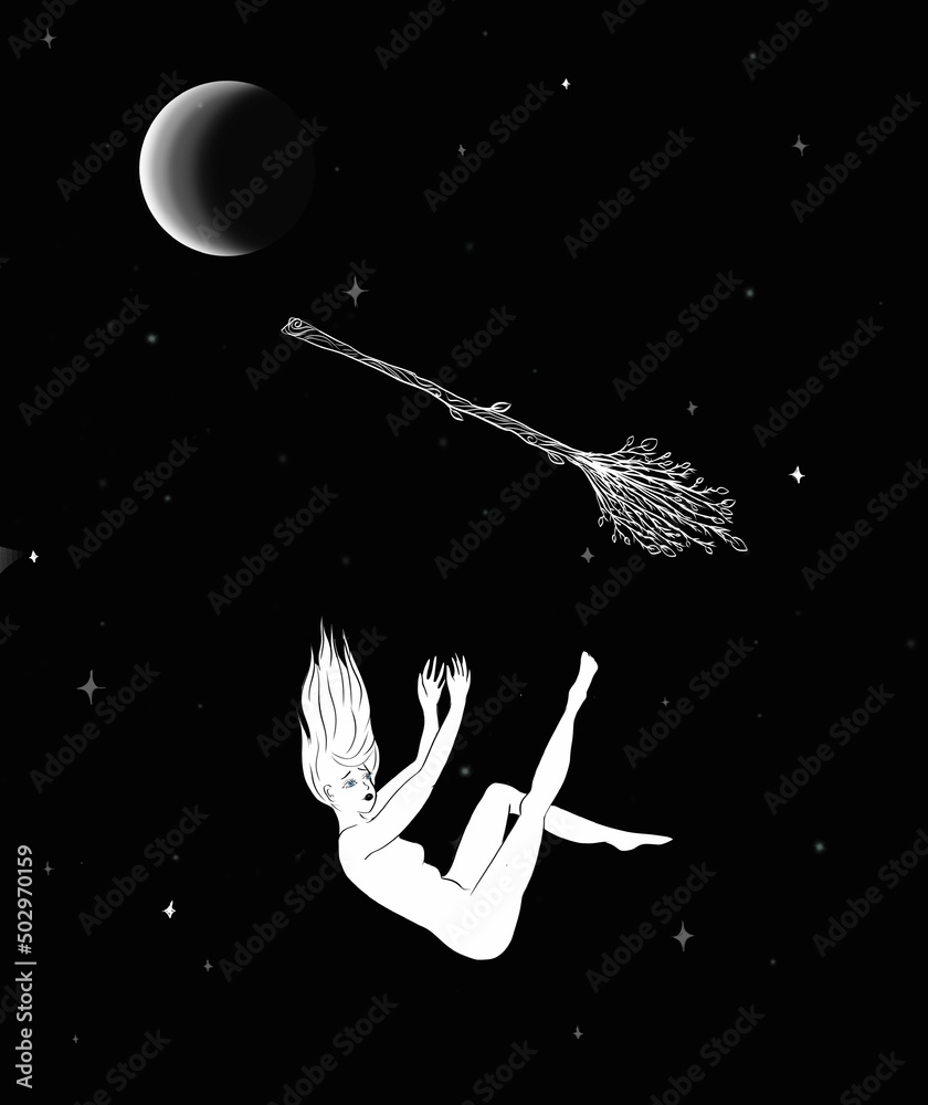 Young witch falling from the broomstick minimalist art illustration ...