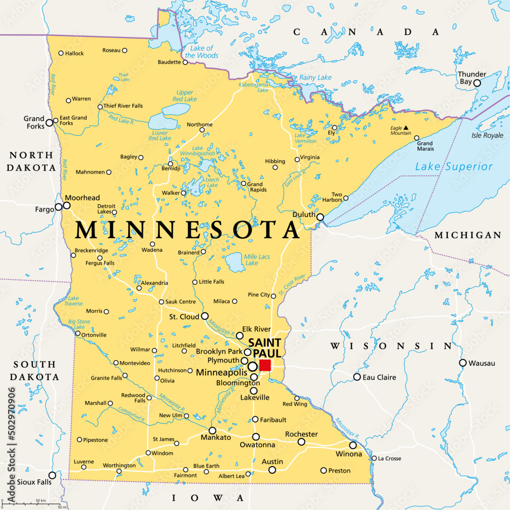 Minnesota, MN, political map, with capital Saint Paul and metropolitan ...