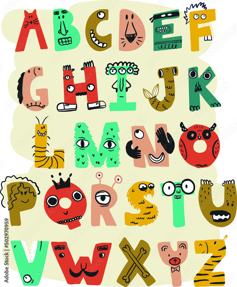 Cute color alphabet with face . Hand drawing font for children. Flat ...