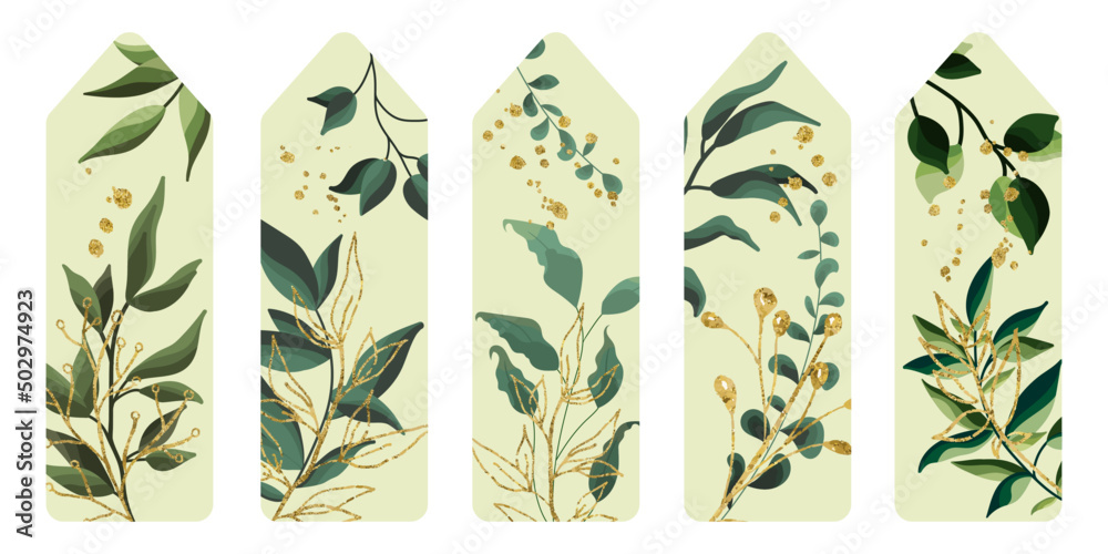 Vector illustration Set of five bookmarks decorated with botanical art ...