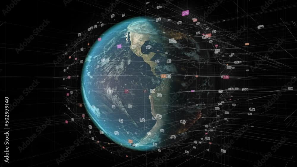 Network connection structure, World map with digits. Global ...