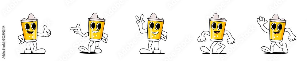 A set of cartoon characters of a glass of beer in different friendly ...