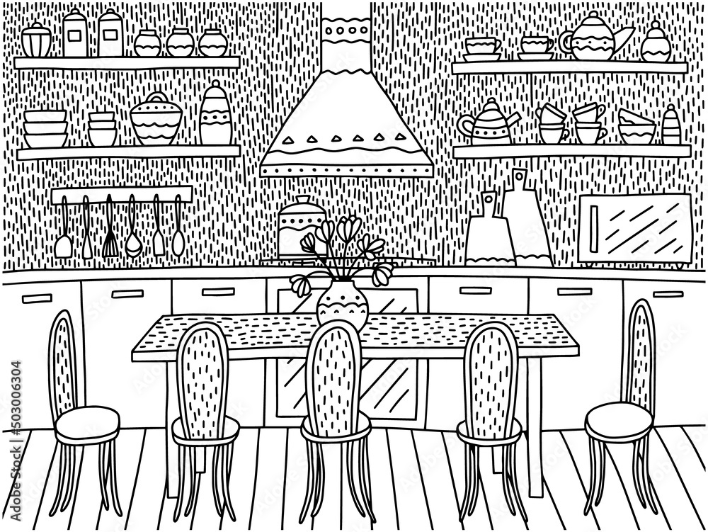 Kitchen interior coloring page. Cute coloring page with cozy kitchen ...