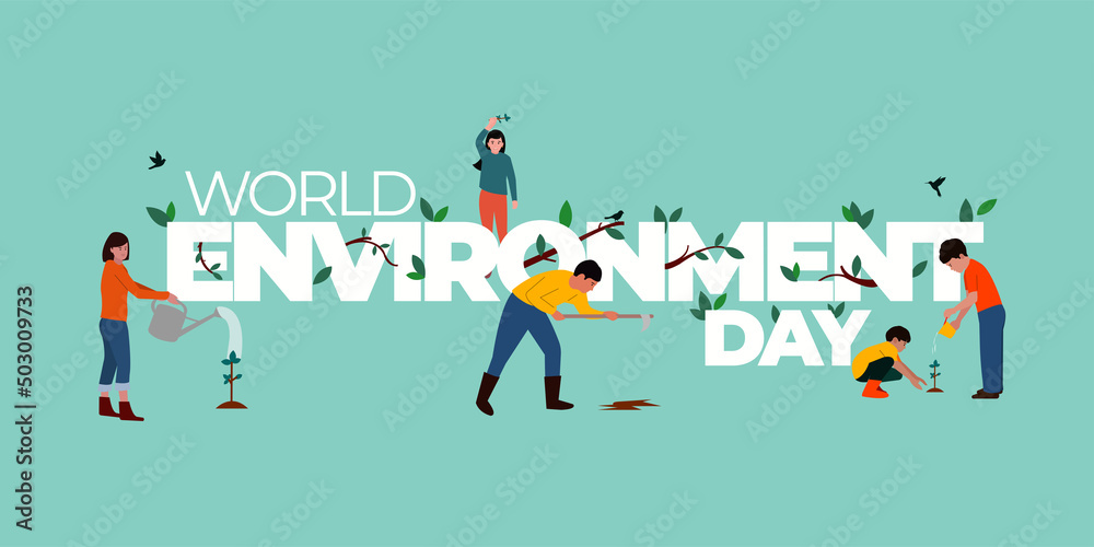 World environment day typography with kids planting a tree and ...