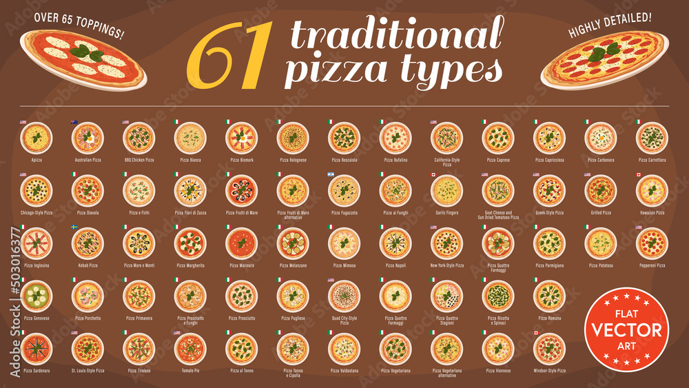 Highly detailed flat vector illustration of a set of 61 traditional ...