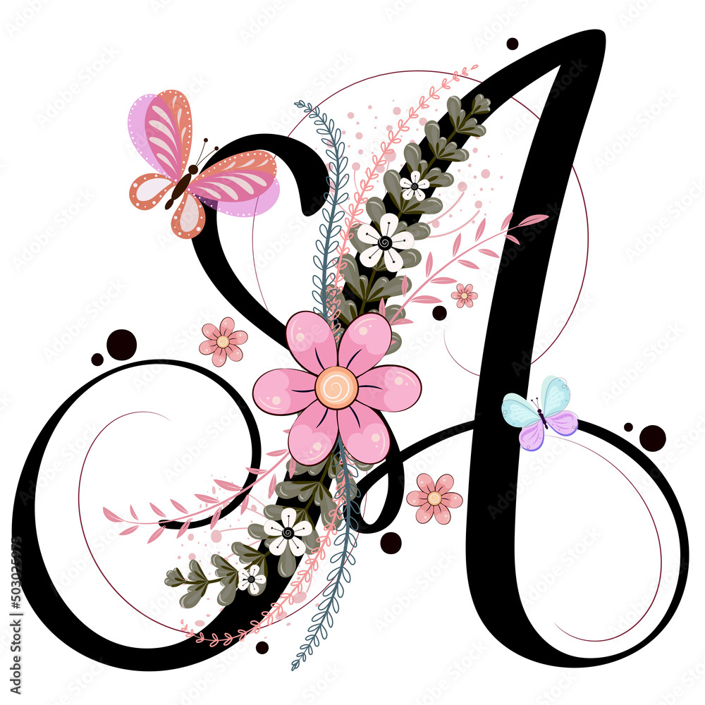 Alphabet ornaments. LETTER A floral vector with flowers, butterfly and ...