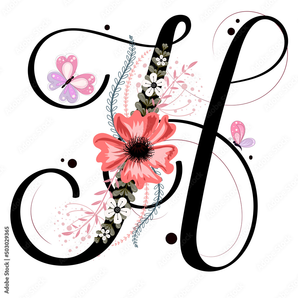 Alphabet ornaments. LETTER H floral vector with flowers, butterfly and leaves, vintage ...