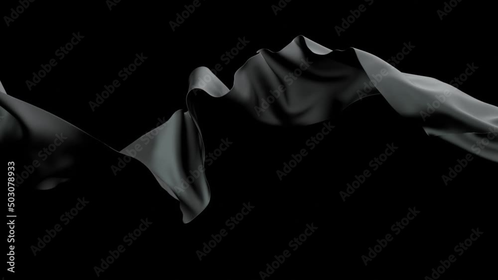 Light grey satin cloth piece of blowing fabric wave 3d rendered on dark ...