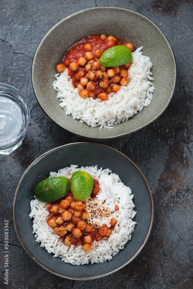 Bowls with indian chana masala or chole masala and basmati rice, high ...